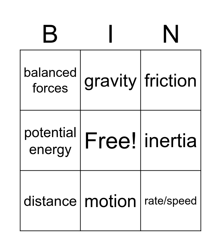 Force and Motion Bingo Card