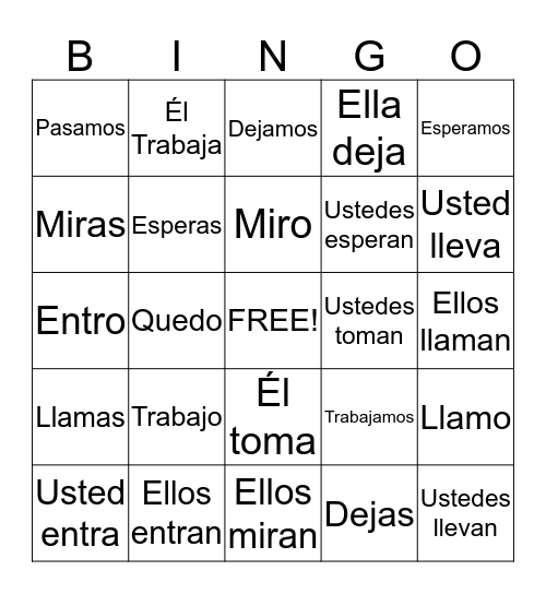 AR Verbs Bingo Card