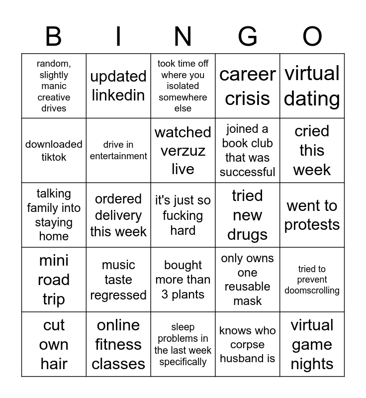 quaratine is sad Bingo Card