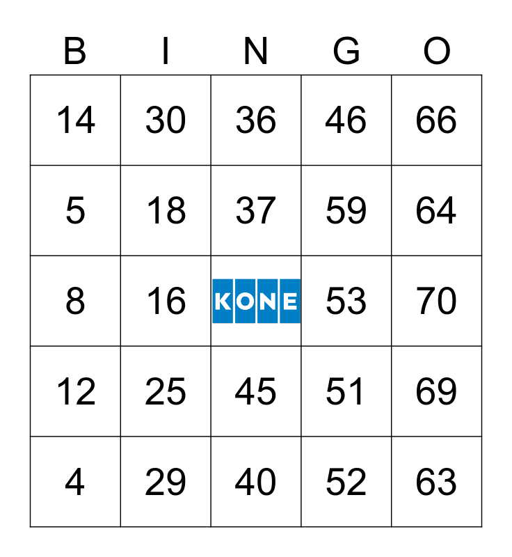 KONE Card Set 73 Bingo Card