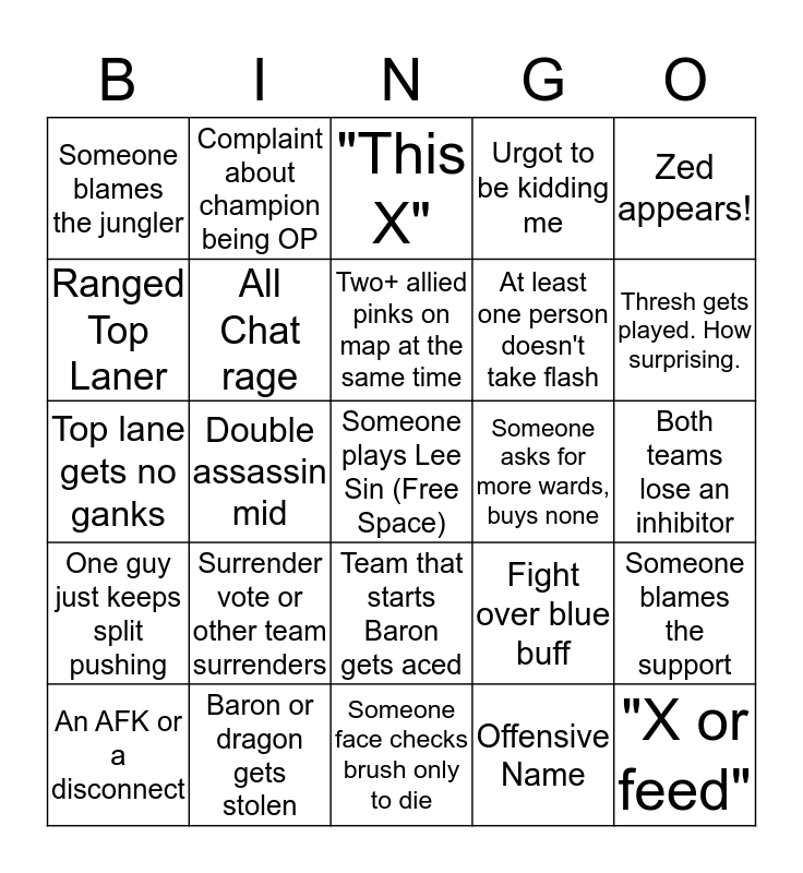 League of Legend Bingo Card