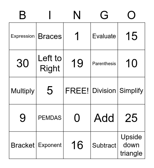 Order of Operations Bingo Card