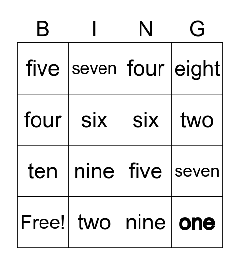 Number Words 1-10 Bingo Card