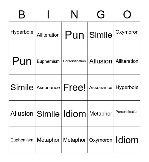 Figurative Language Review Bingo Card