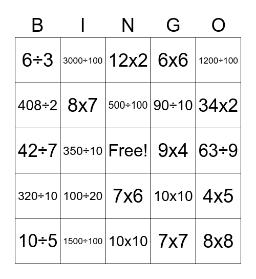 Multiplication and Division of a Whole Number Bingo Card