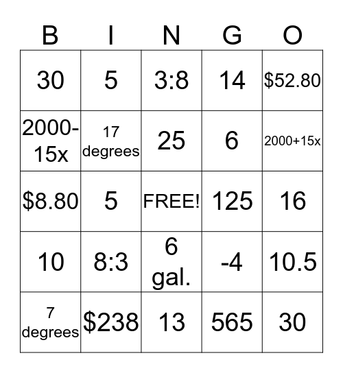 6th Grade Bingo Card