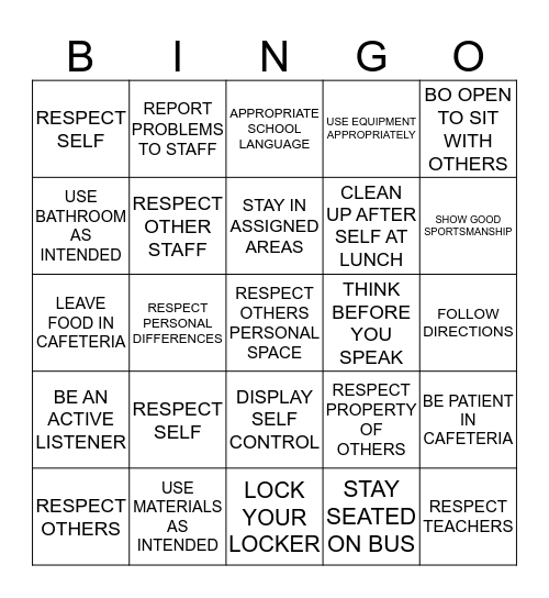 RESPECT Bingo Card