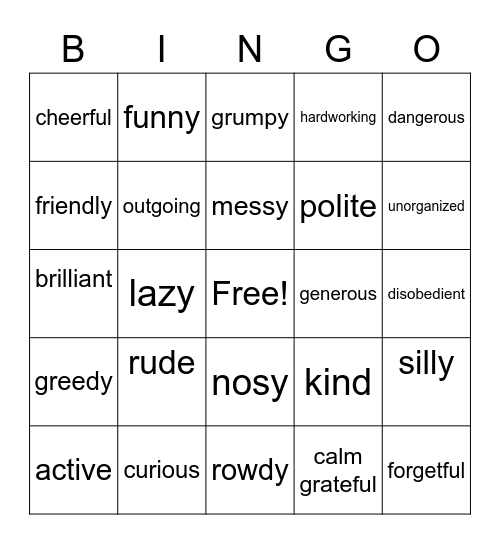 Character Traits Bingo Card