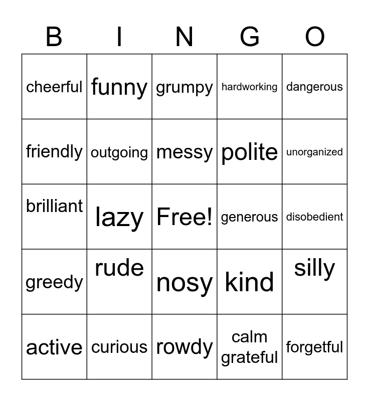 Character Traits Bingo Card