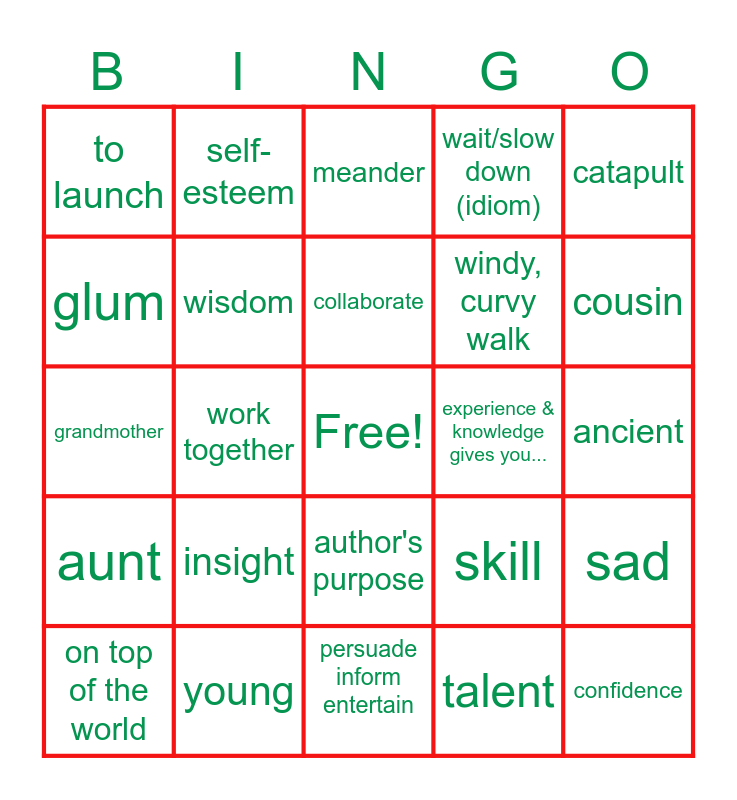 ESOL Review Bingo Card
