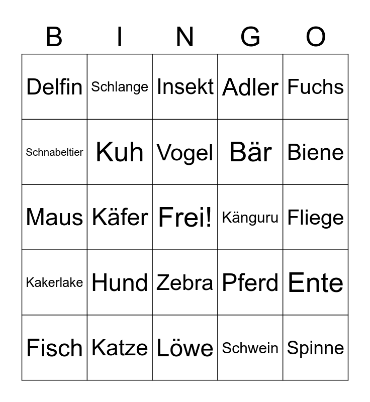 Tiere- Einfach Bingo Card