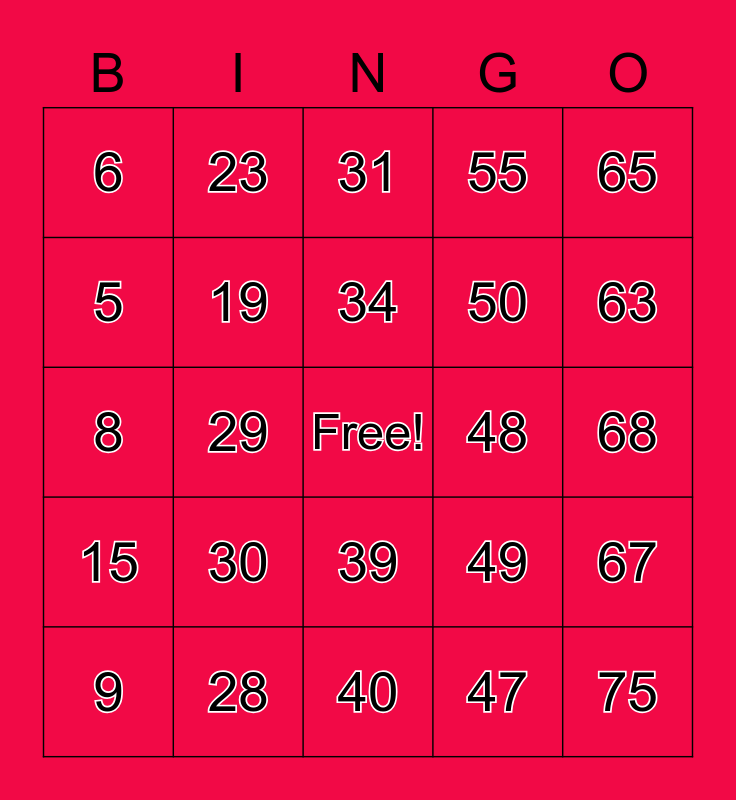 Number Bingo 1-75 Bingo Card