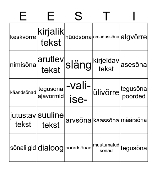 Eesti keele mõisted Bingo Card