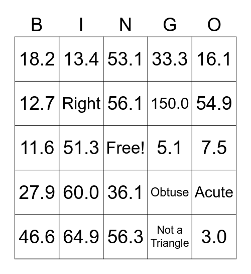 Right Triangles Review Bingo Card