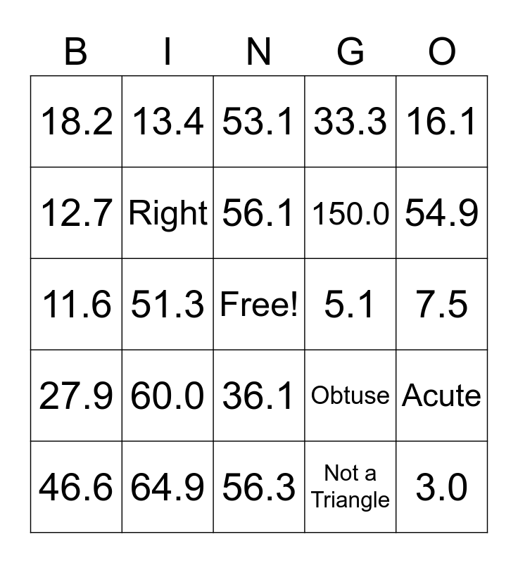 Right Triangles Review Bingo Card