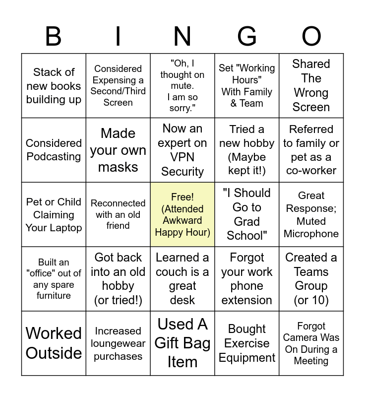 WFH Happy Hour Bingo Card