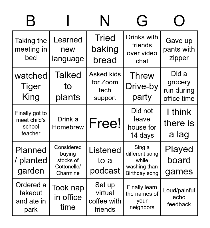 Quarantine / Social Distancing Bingo Card