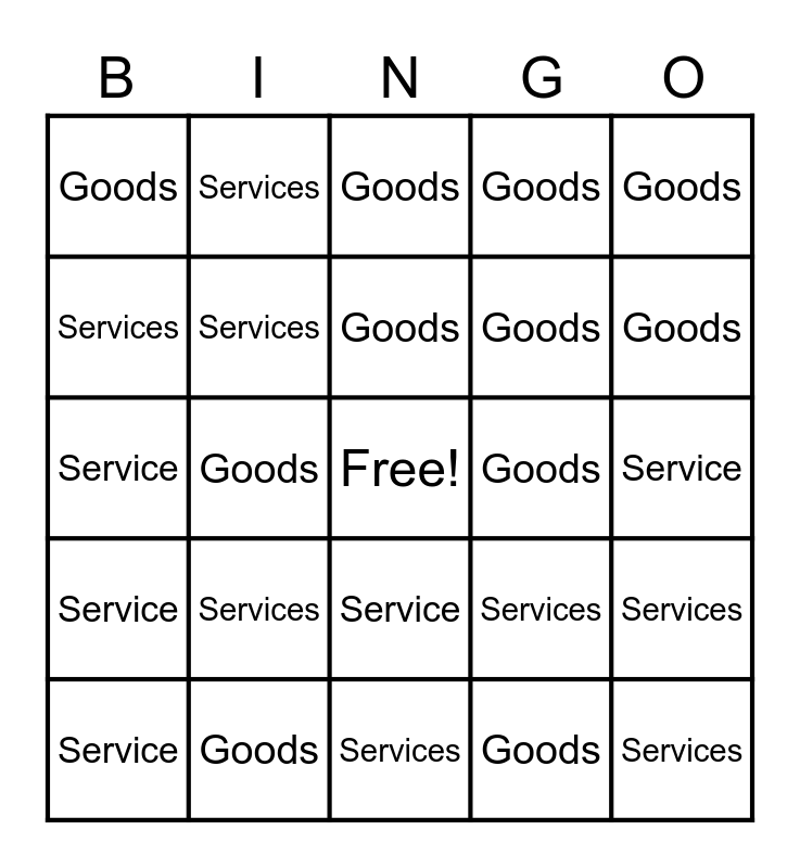 Goods and Services Bingo Card