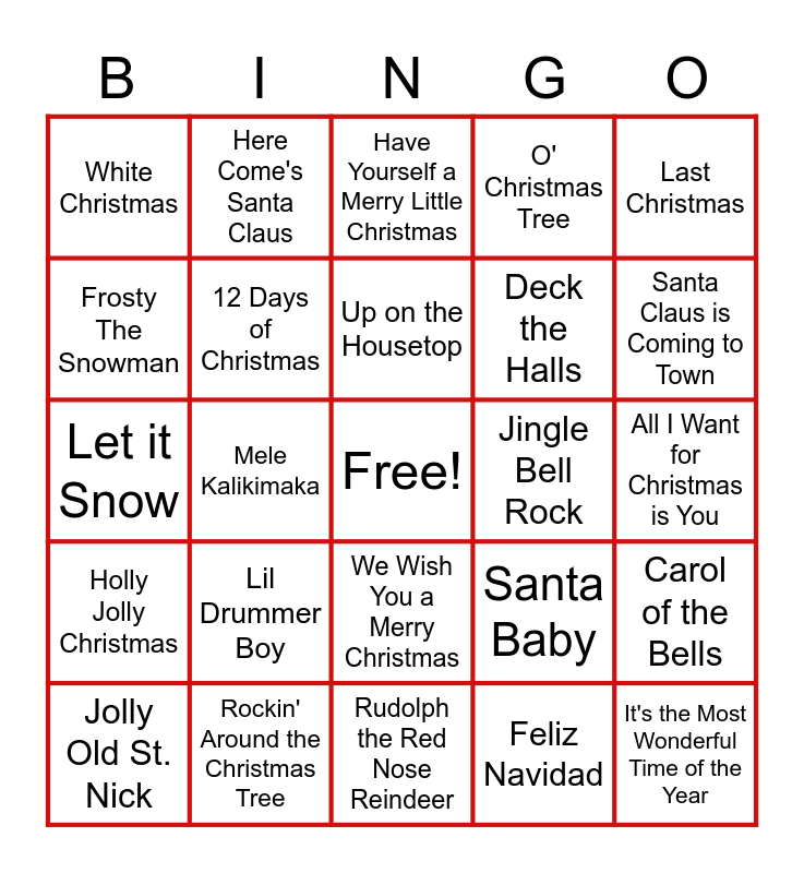 Holiday Music Bingo Card