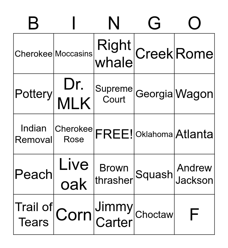 Georgia Bingo Card