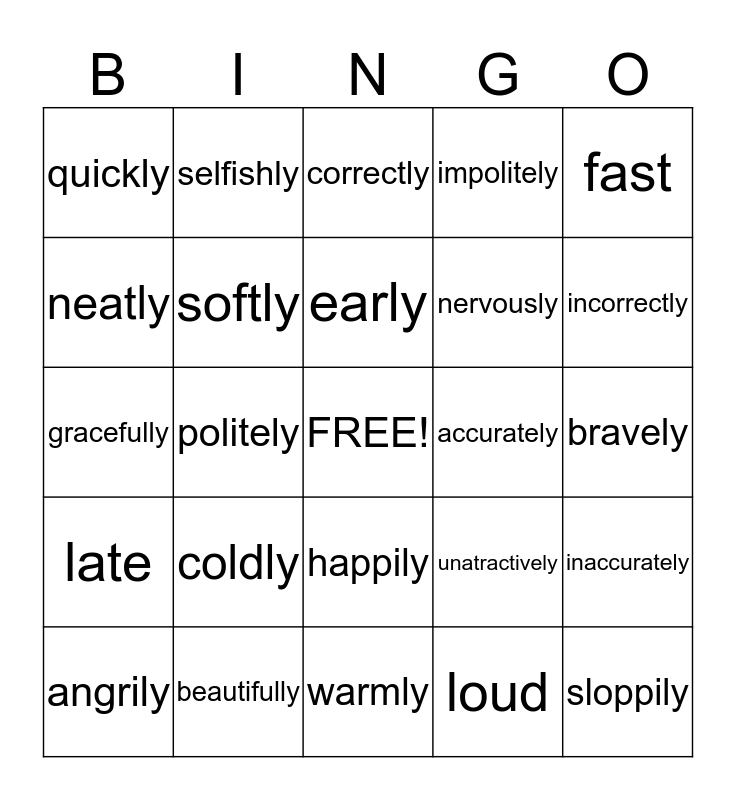 Adverb Opposites Bingo Card