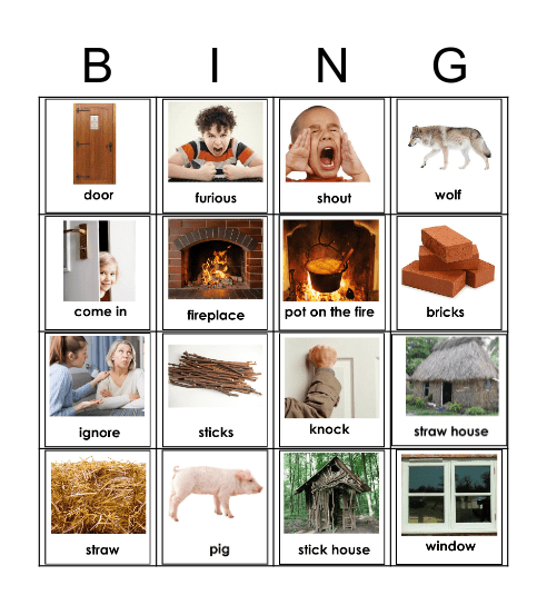 Three Little Pigs Vocab 4x4 Bingo Card
