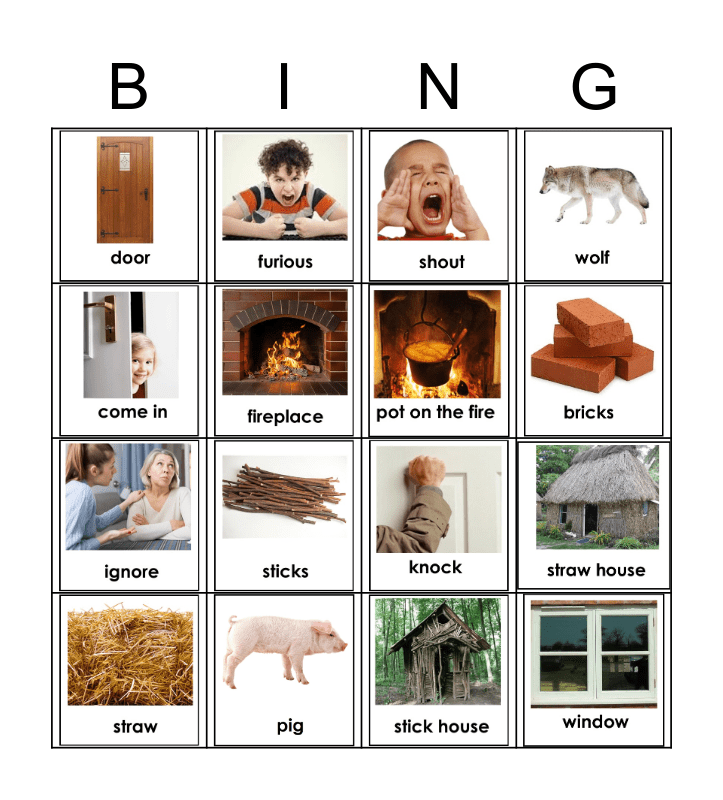 Three Little Pigs Vocab 4x4 Bingo Card