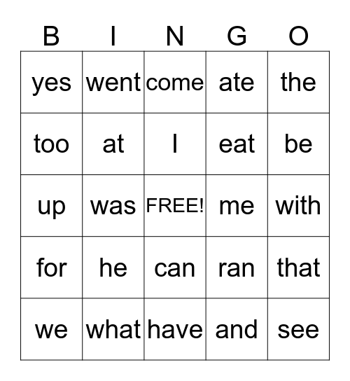 Sight Word Bingo Card