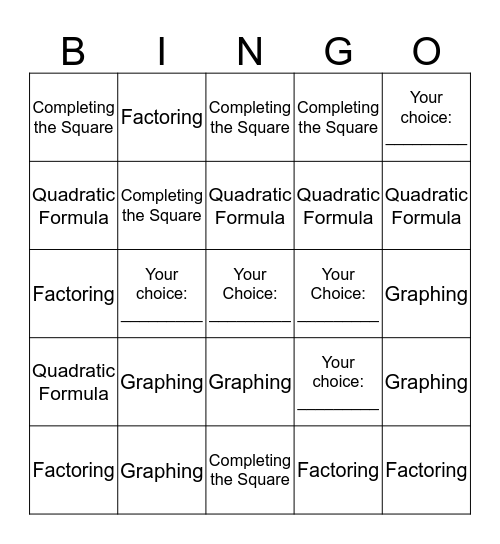 Solving Quadratics Practice Bingo Card