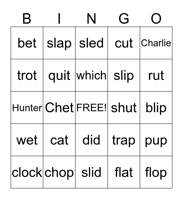 Short Vowel Bingo Card