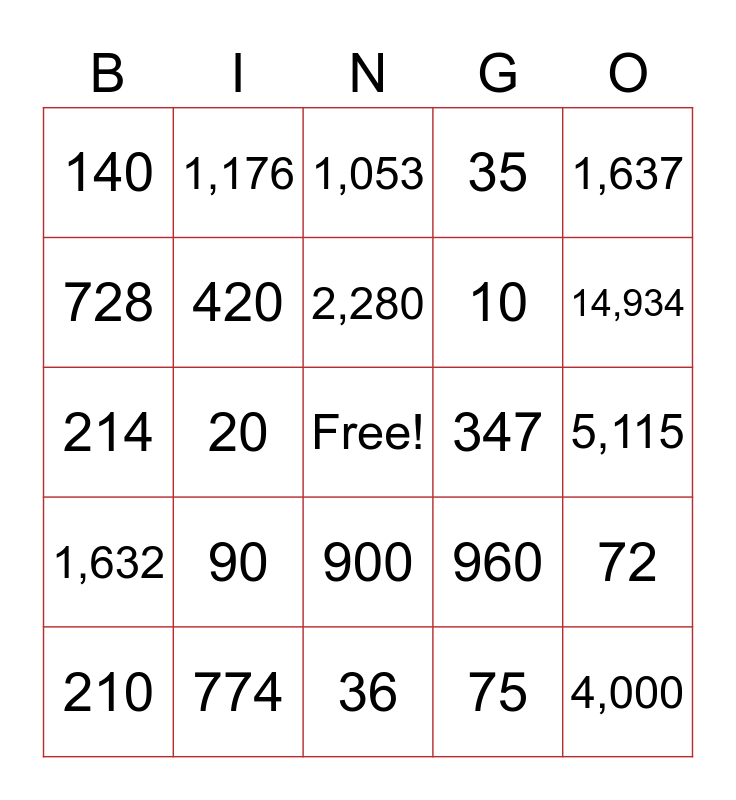 Multiplication / Division Bingo Card