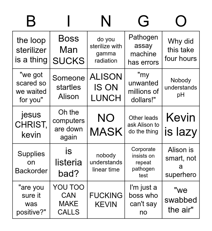 Alison's Work is Dumb Bingo Card