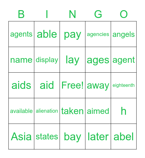 Long A Sound Bingo Card