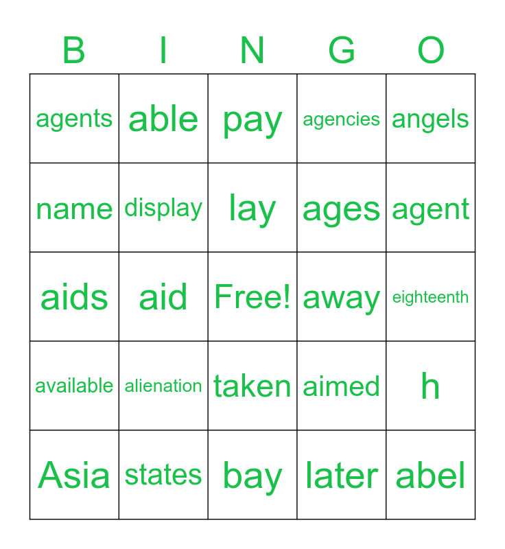 Long A Sound Bingo Card