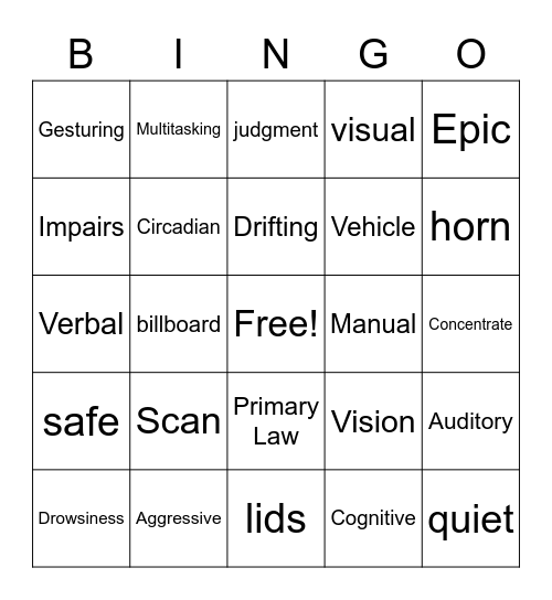 Drivers Ed Bingo Card