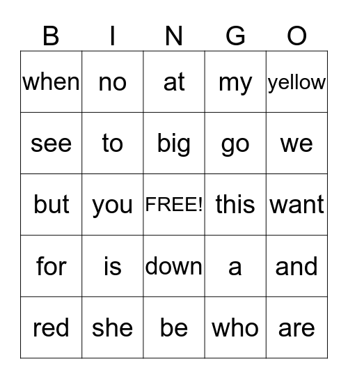 Winter Sight Word Bingo Card