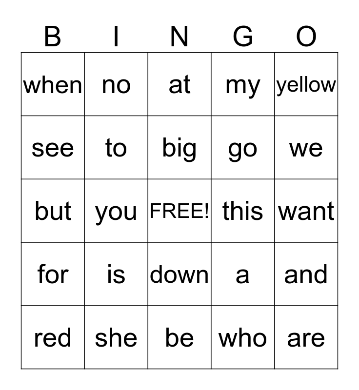 Winter Sight Word Bingo Card
