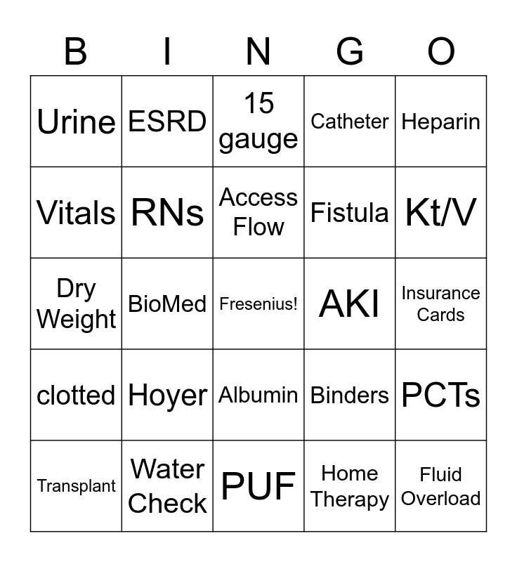 Dialysis Bingo Card