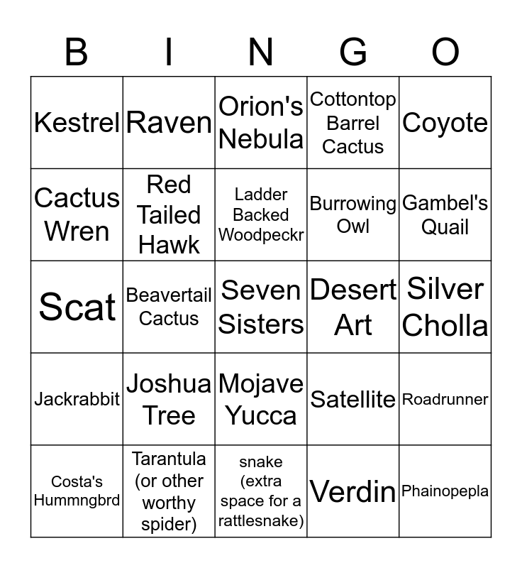 Desert Bingo! Bingo Card