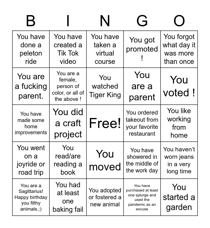 Happy Hour Virtual Bingo! Bingo Card