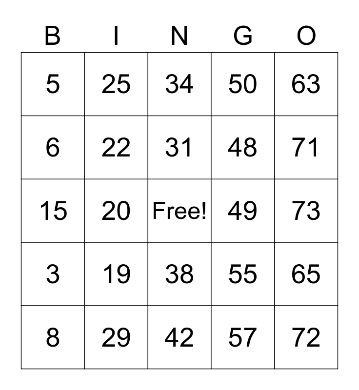 Number Bingo 1-75 Bingo Card