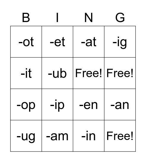Word Family Bingo Card