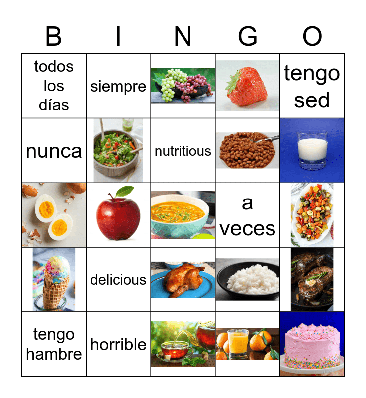 La comida Bingo Card
