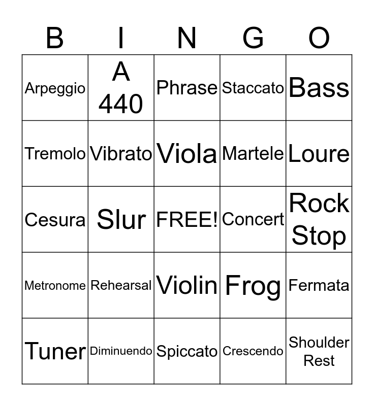 Orchestra Bingo Card