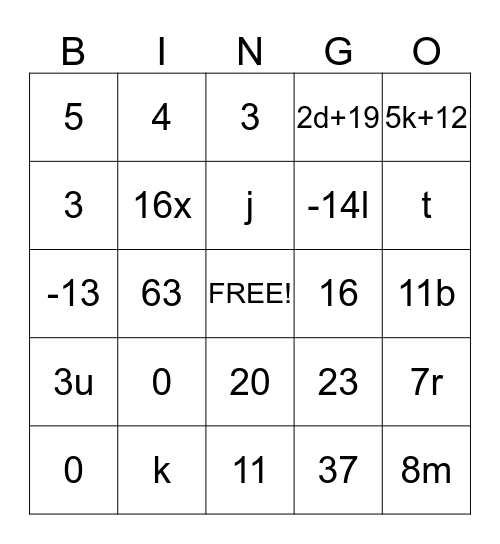 Algebraic Expressions Bingo Card