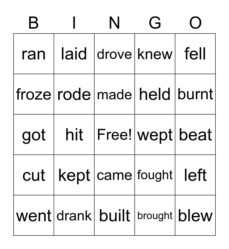 Irregular verbs Bingo Card
