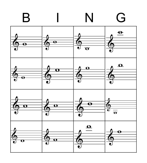 Treble Clef Bingo Card