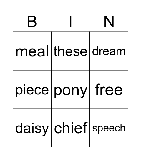 Spelling long e sound Bingo Card