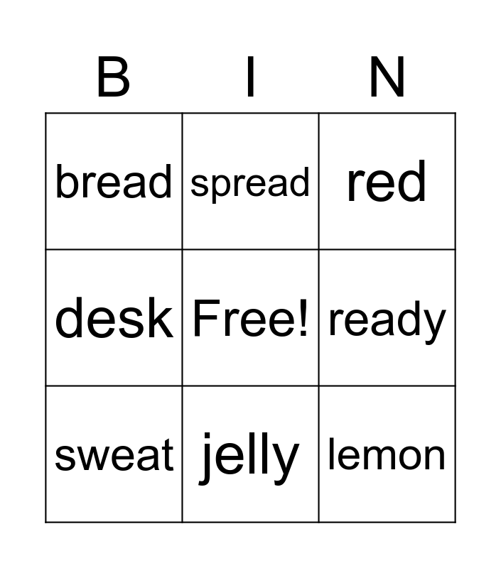 Short e sound ea e Bingo Card