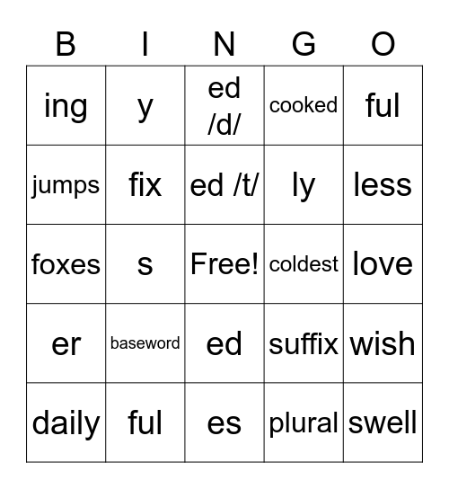 Suffixes Bingo Card